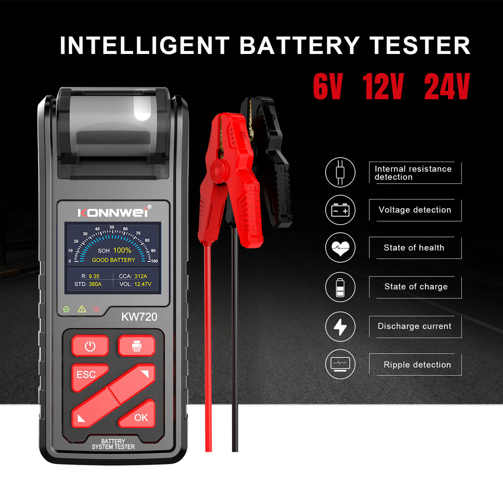 Professional Battery Tester Konnwei KW720 6V 12V 24V W/Printer 100-200